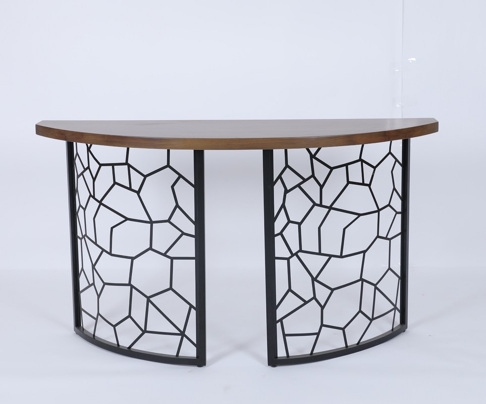 Custom Curved Front Console Table With Wood Top And Decorative Iron Base