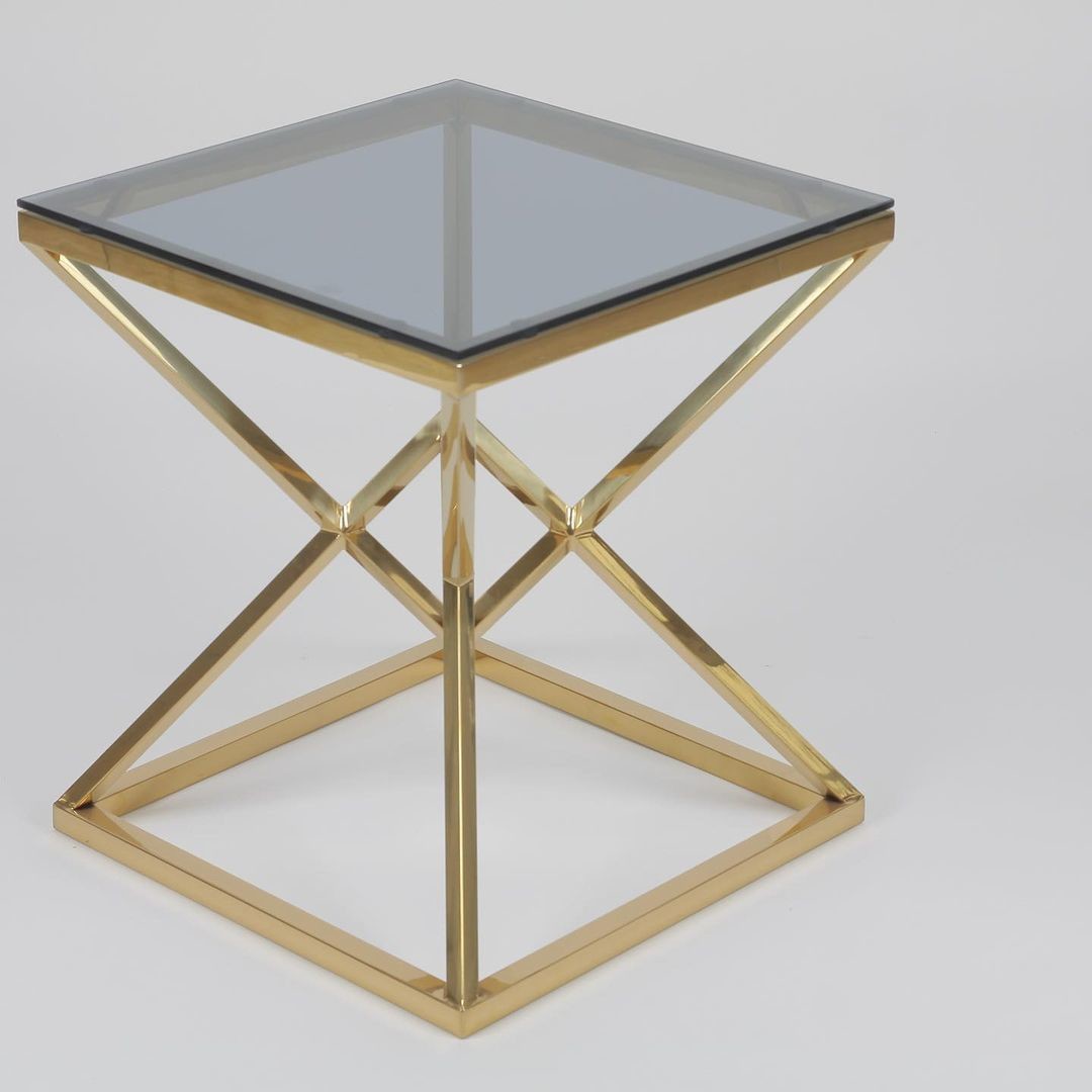 Hotel Side Table With Golden Polished SS Finish & Tempered Glass Top