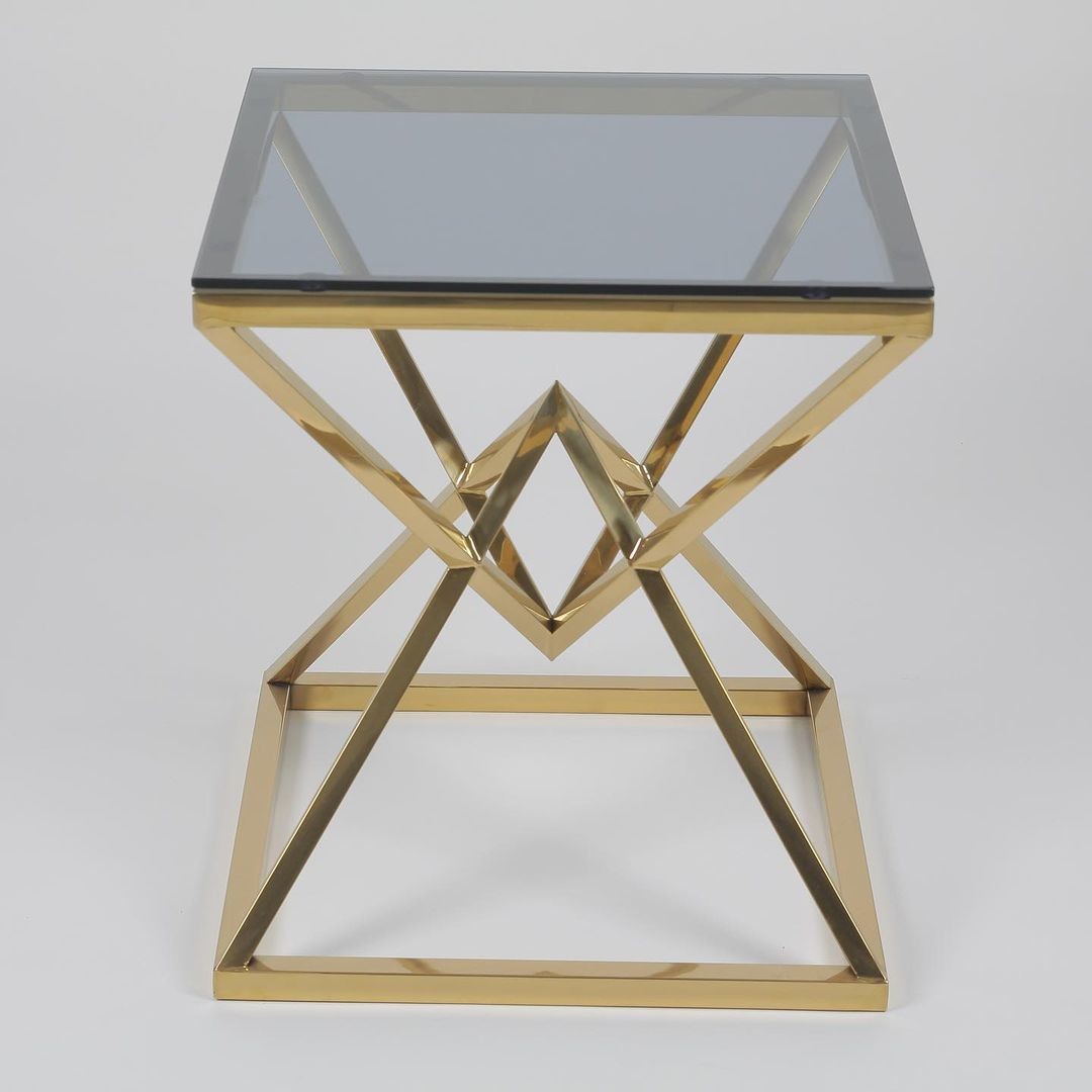 Hotel Side Table With Golden Polished SS Finish & Tempered Glass Top